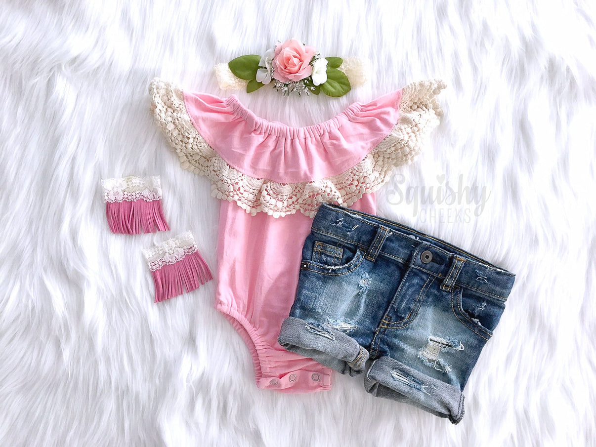 Girl's Off the Shoulder Crochet Romper Outfit – Squishy Cheeks